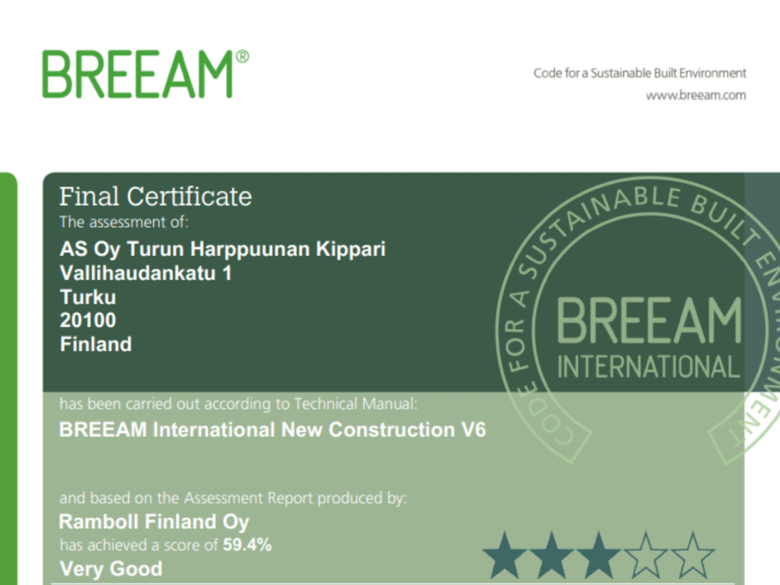 BREEAM-sertifikaatti Turun Harppuunan Kipparille – Premico
